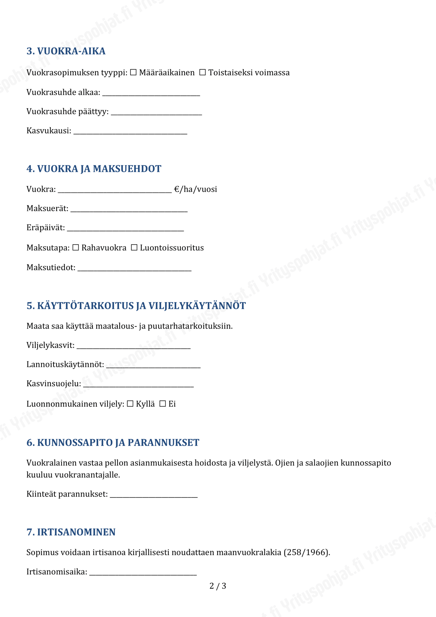 Pellon Vuokrasopimus – Muokattava Pohja – Yrityspohjat