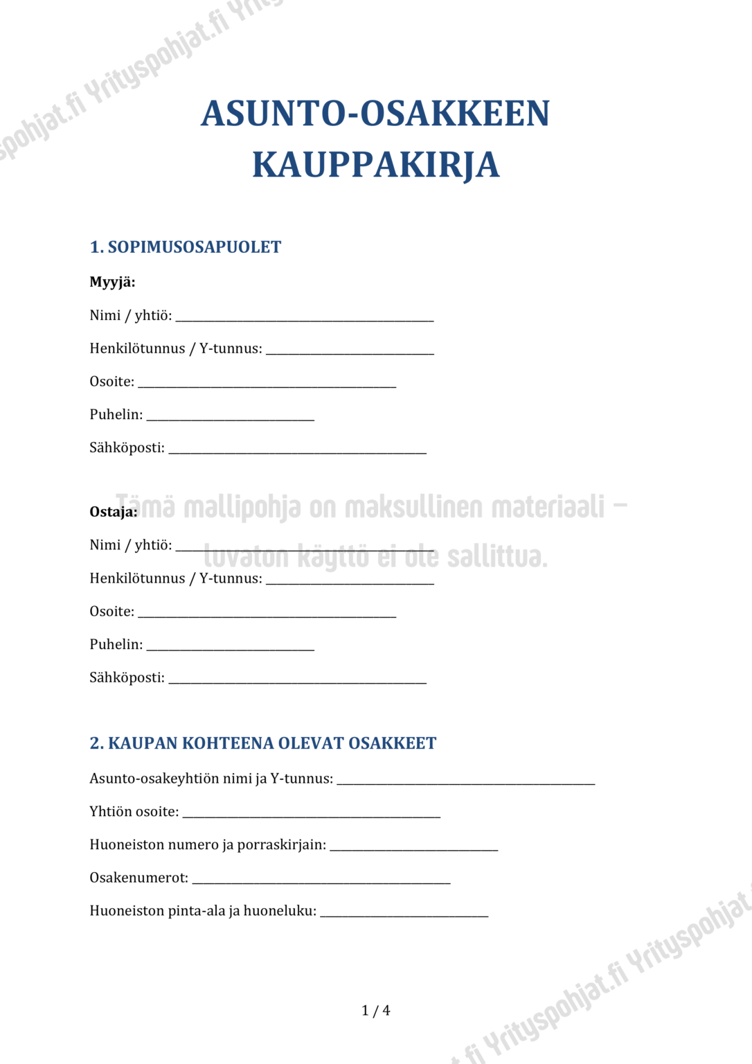 Asunto-osakkeen Kauppakirja – Muokattava Mallipohja – Yrityspohjat